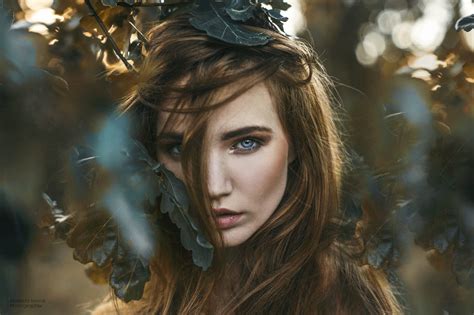 Wallpaper Redhead Face Leaves Portrait Blue Eyes Eyeshadow