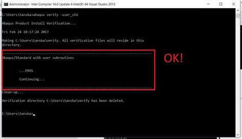 succesful verification for the command abaqus verify user std