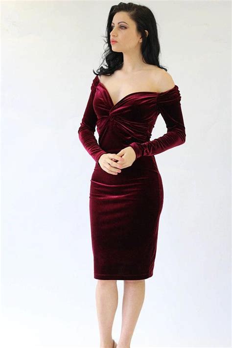 Cocktail Velvet Dress In Burgundy With A Flattering Bardot Neckline