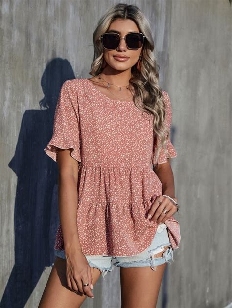 Allover Print Ruffle Hem Blouse Shein Usa