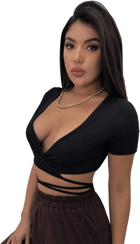 Buy Shein Womens Criss Cross Short Sleeve Crop Tee Top Tie Back Deep V