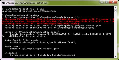 dotnet core tooling preview 4 aspnet core restore error