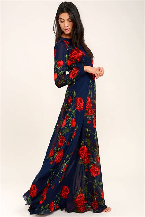 Stunning Floral Print Dress Red And Navy Blue Maxi Dress Long