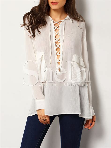 Plunging V Neckline Lace Up Dual Pockets Blouse Shein Sheinside