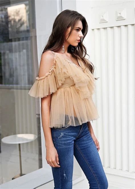 Ruffle Trim Lace Up Cold Shoulder Mesh Top Trong 2024