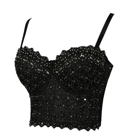 Sexy Black Lace Rhinestone Spaghetti Straps Bustier Corset Crop Top N21025
