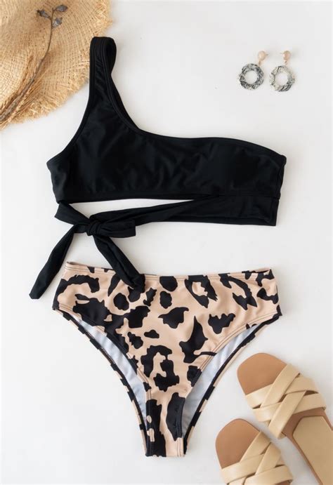 Leopard Print One Shoulder Knotted Bikini Set Retro Indie And Unique