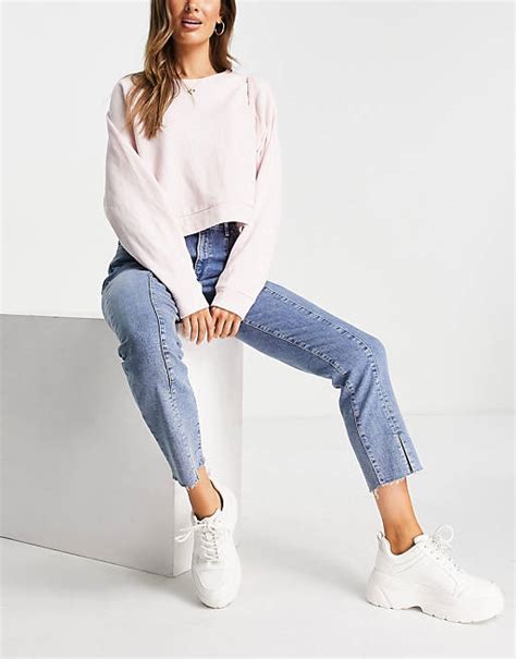 Miss Selfridge Jean Slim Mom Fendu Devant Bleu Moyen Délavé Asos