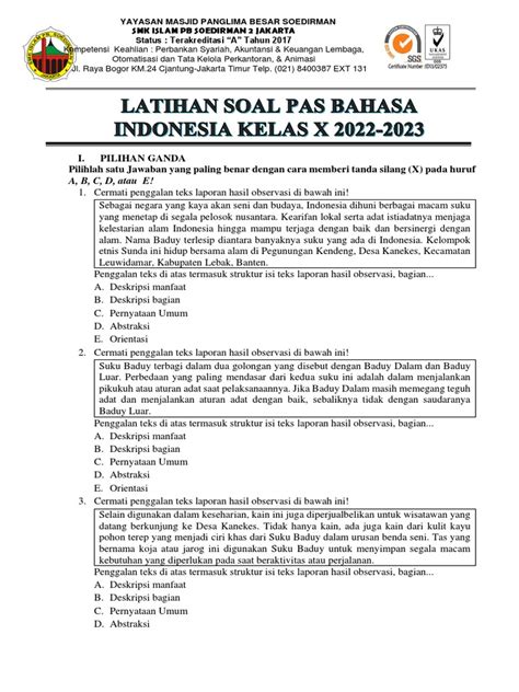 Latihan Soal Pas Ganjil B Indo Kelas X 2022 2023 Pdf