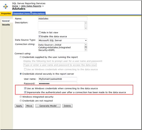 explaining ssrs datasource options “use as windows credentials when