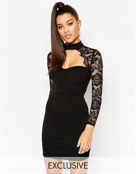 Naanaa High Neck Lace Dress With Sweetheart Plunge Stretch Lace Dress