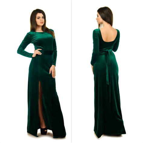 Buy Green Long Sleeve Maxi Evening Dress In Stock