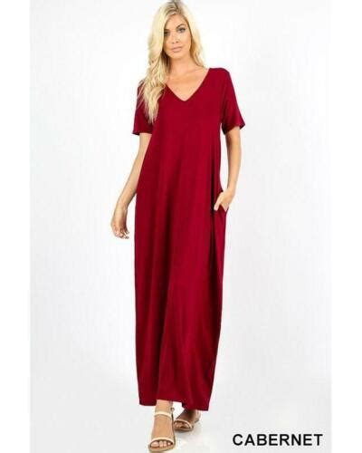 Keeping It Comfy Short Sleeve V Neck Maxi T Shirt Dress With Pockets In
