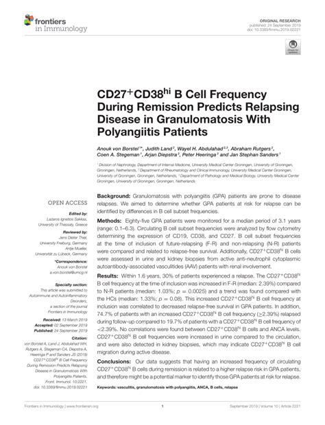 Pdf Cd27 Cd38hi B Cell Frequency During Remission Predicts Relapsing