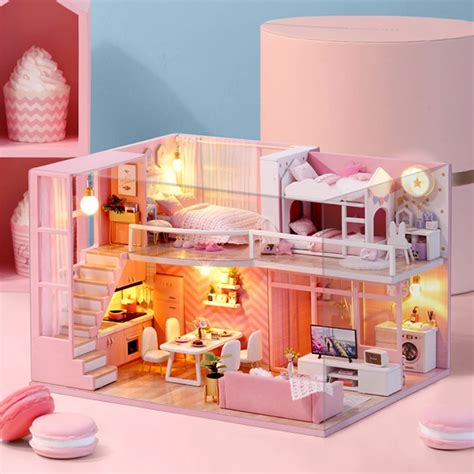 Diy Miniature Dollhouse Wooden Doll House Kit Pink Dream Angle Girls