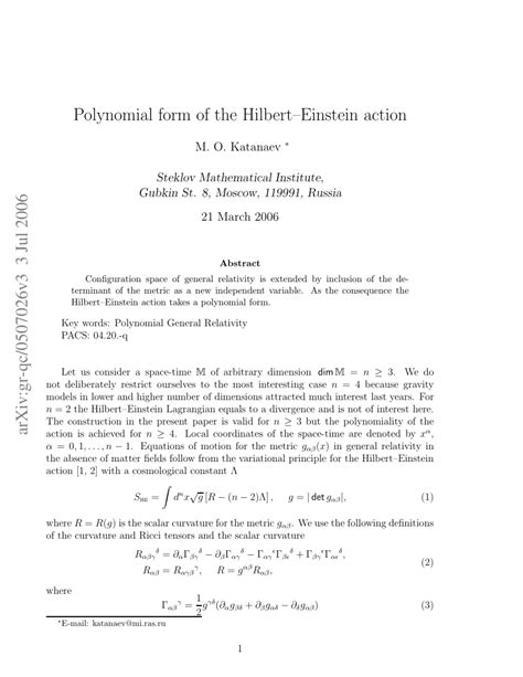 Pdf Polynomial Form Of The Hilbert Einstein Action