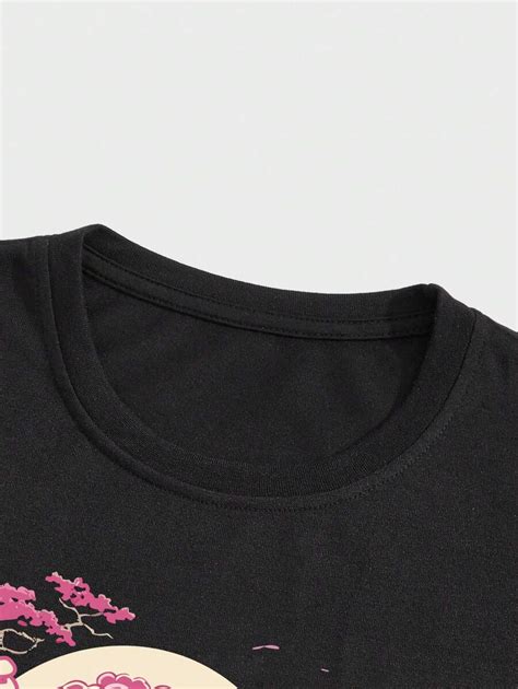 Romwe Anime Camiseta Y2k Para Hombres Con Letra Japonesa Y Gráfico De