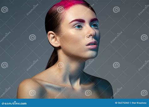 Beauty Portrait Of Young Women Girl With Pink Lipstick Eyebrows Stock