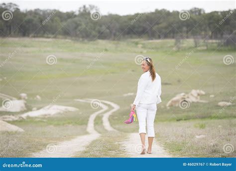 Woman Walking Bare Feet Outdoor Holding High Heels Stock Image Image