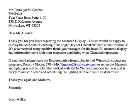 scott walker responds to letter regarding menorah ‘thank you and molotov