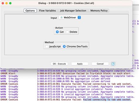 cookies node execute failed failed connecting to tab web socket