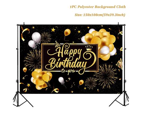 Happy Birthday Backdrop Banner Large Black Gold Balloon Star Poster