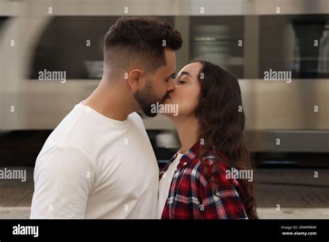 Long Distance Relationship Beautiful Couple Kissing On Platform Of