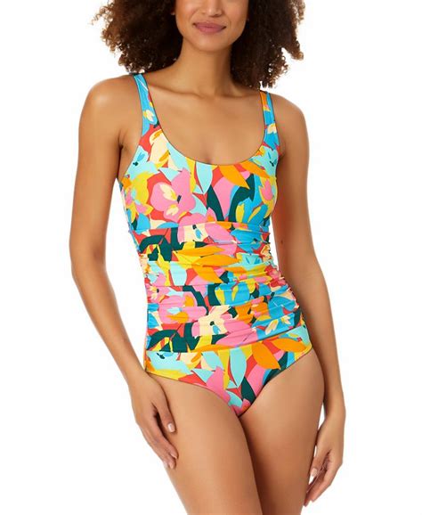 Anne Cole Womens Printed Plumeria Scoop Neck Shirred One Piece
