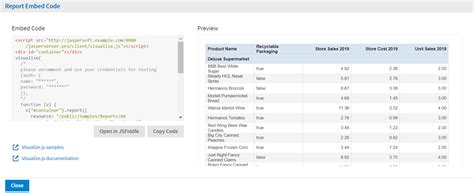 getting the embed code for visualize js jaspersoft community