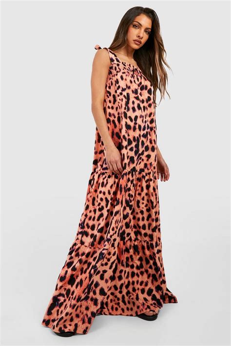 Leopard Tie Detail Tiered Maxi Dress Boohoo