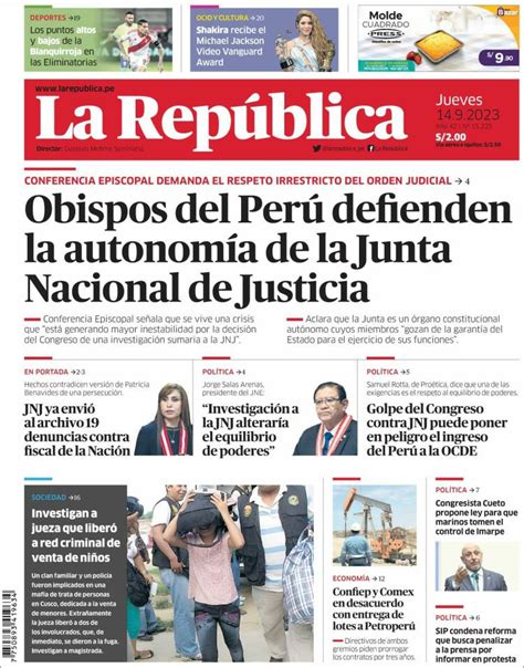 Periódico La Republica Perú Periódicos De Perú Edición De Jueves