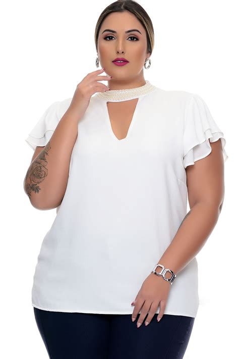 Blusa Plus Size Luxury Branca Vk Moda Plus Size