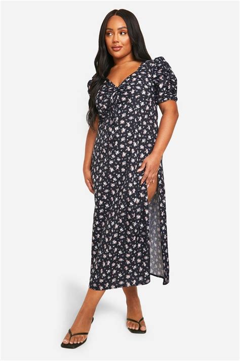 Plus Woven Ditsy Floral Ruched Milkmaid Dress Boohoo Uk