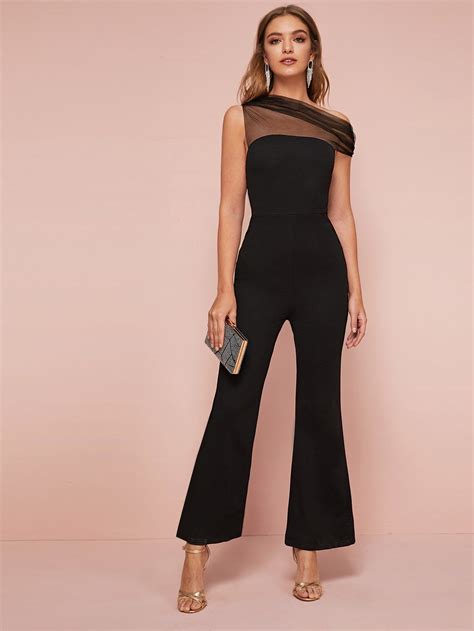 Asymmetrical Neck Mesh Yoke Flare Leg Jumpsuit Check Out This