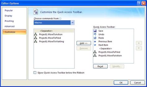 adding macros to outlook s quick access toolbar