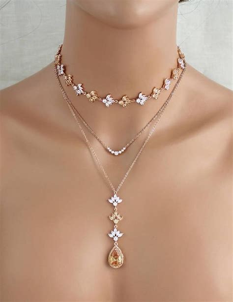 Rose Gold Layered Necklace Bridal Necklace Bridal Jewelry Rose Etsy
