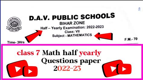Dav Class 7 Math Half Yearly Mid Term Questions Paper 2022 23