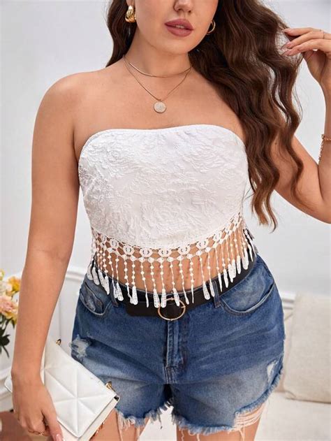 Shein Privé Plus Jacquard Guipure Lace Fringe Hem Tie Back Crop Tube