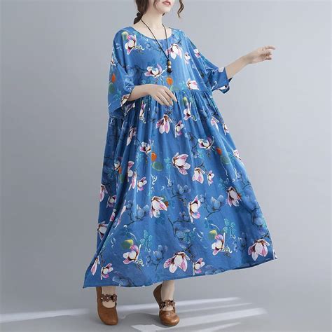 Versear Vintage Women Cotton Linen Dress Loose Floral Boho Dress High