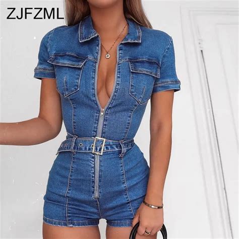 V Neck Front Zipper Sexy Denim Playsuit 2019 Summer Short Sleeve Belt
