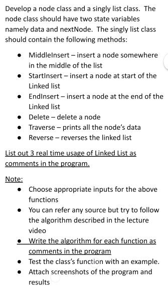 solved develop a node class and a singly list class the