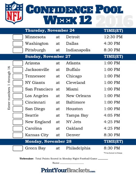 Nfl Week 12 Schedule Printable