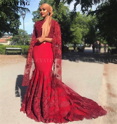 Elegant Burgundy Lace Mermaid Muslim Prom Dresses Long Sleeves African