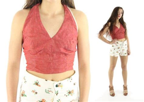 Vintage 70s Halter Top Rust Cotton Crop Top Deep V Blouse Sleeveless