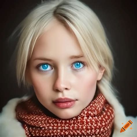 Swedish Girl With Blue Eyes And Platinum Blonde Hair In Winter Clothes