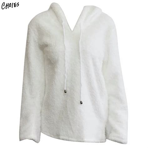 Beige Drawstring Fluffy Long Sleeve Hoodie Sweatshirt Women V Neck
