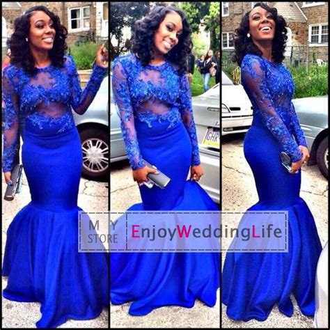 2016 New Sexy Sheer Long Sleeves Royal Blue Satin Mermaid Evening