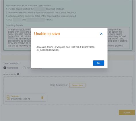 unable to action task error access is denied exception from hresult