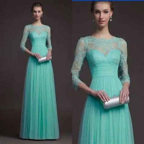 2017 Largo De Tul Verde Menta De Dama De Honor Vestidos De Una Línea De