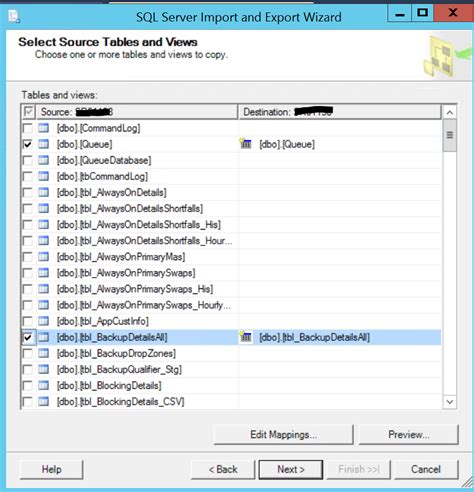 copy tables between databases in sql server using import